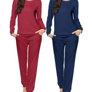 Ekouaer 2 Pack Womens Pajama Set Long Sleeve Sleepwear Star Print Nightwear Soft Pjs Lounge Sets with Pockets Wine Red&Navy Medium