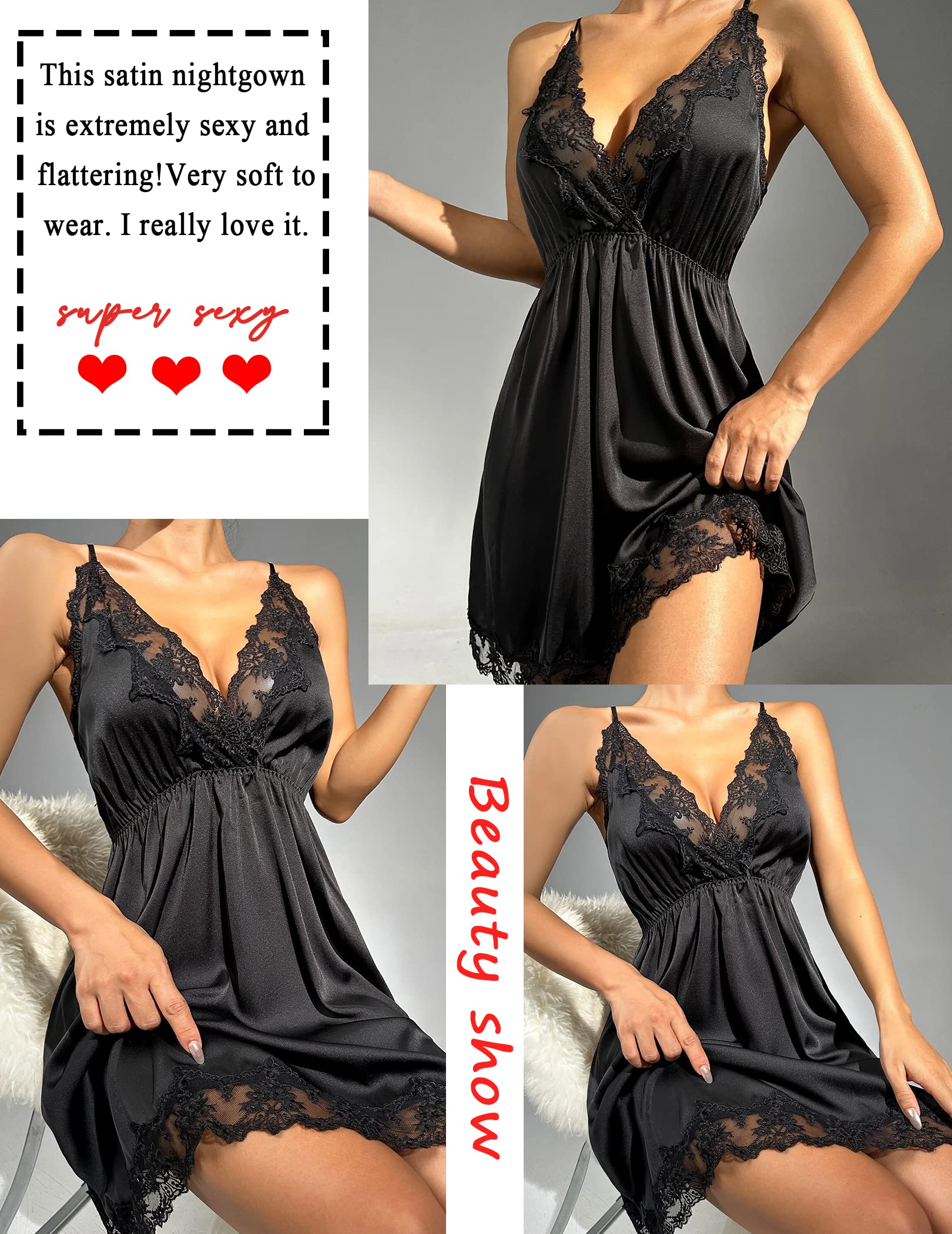 Avidlove Women Chemise Satin Lingerie Casual Nightdress Plus Size Nightgown Short Sleep Dress Black XXL