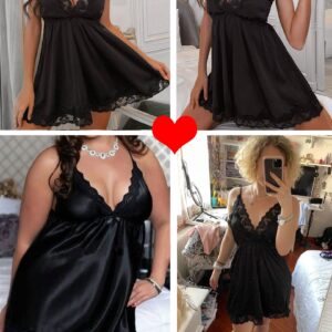 Avidlove Women Chemise Satin Lingerie Casual Nightdress Plus Size Nightgown Short Sleep Dress Black XXL