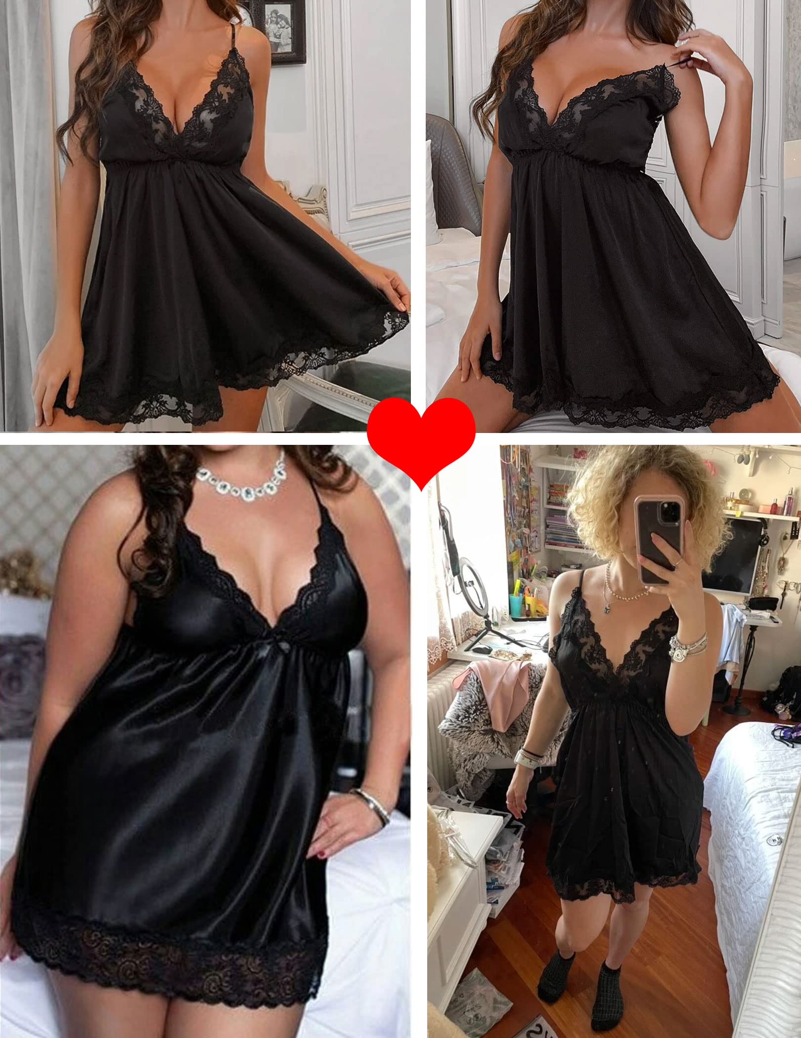 Avidlove Women Chemise Satin Lingerie Casual Nightdress Plus Size Nightgown Short Sleep Dress Black XXL