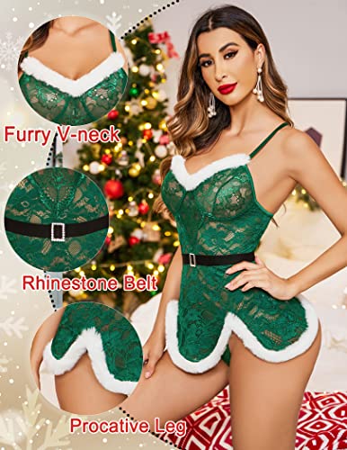 Avidlove Christmas Babydoll For Women Sexy Santa Sleep Dress Green Lingerie Nightwear Lace Chemise (Green, Medium)