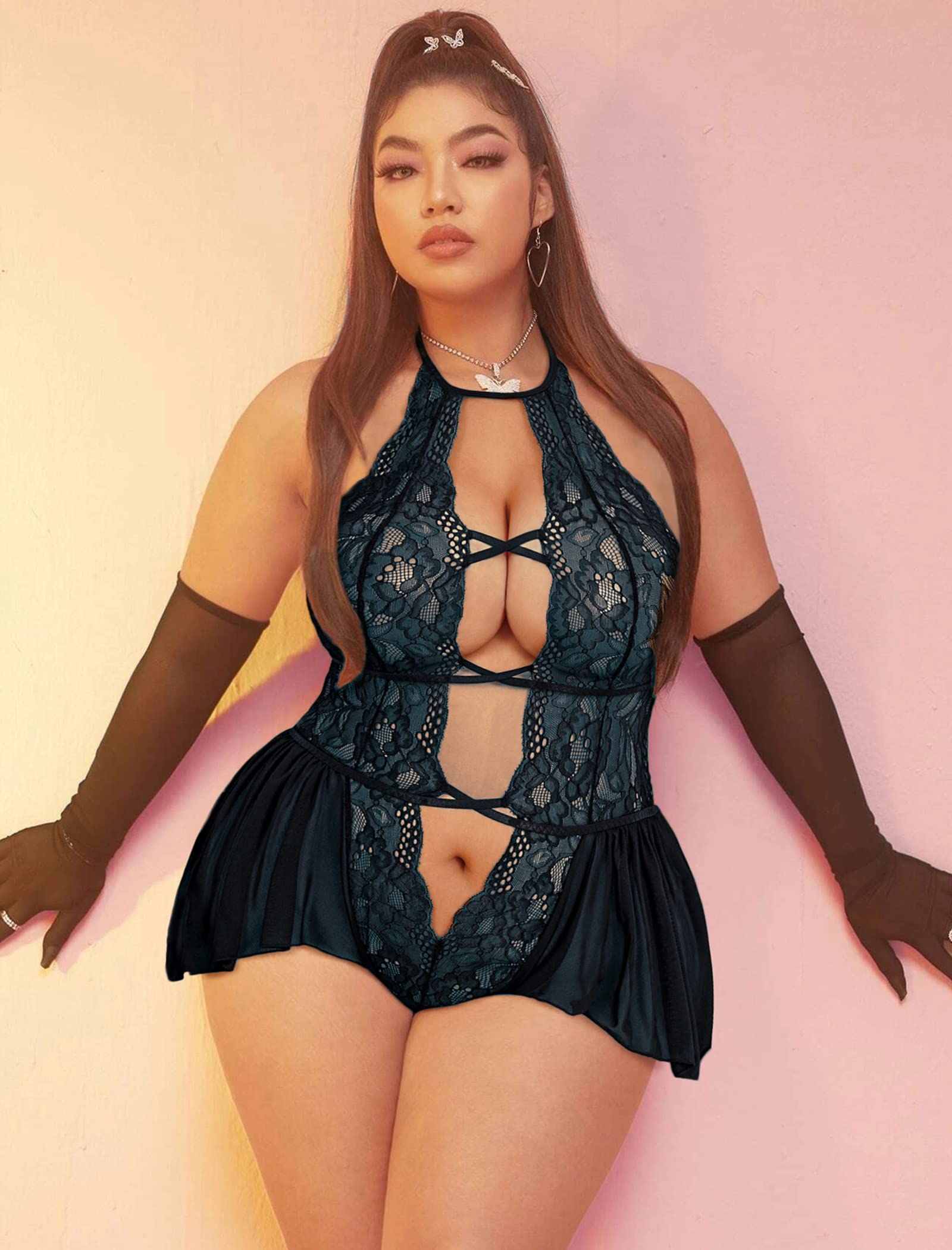 Avidlove Womens Plus Size Lingerie Lace Bodysuit Teddy Deep V One Piece Lace Babydoll Navy Blue