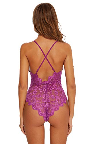 ADSEXY Lace Bodysuit for Women Sexy Eyelash Lingerie Teddy Nightwear Deep V Babydoll One Piece Chemise Boudoir Outfits Purple