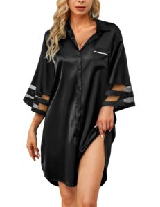 hbzdqb women sleeping gowns long sleeve v neck nightgown button down sleepwear with pocket summer nightdress black xxl