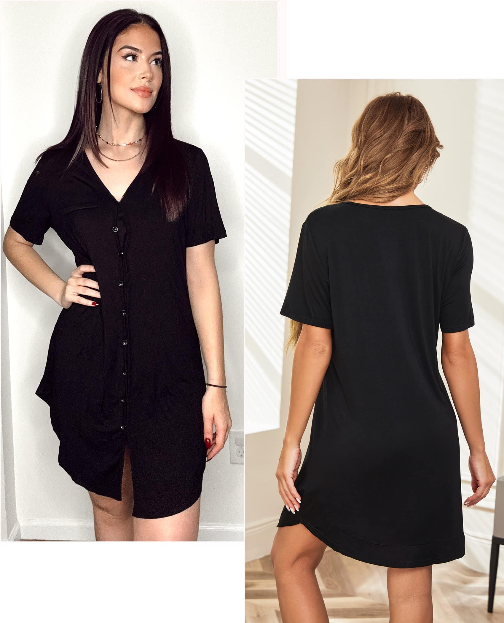 Avidlove V Neck Sexy Sleepwear Shirts Short Sleeve Pajama Dress Button-Front Nightshirt,Black,X-Large