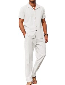 coofandy mens coordinated outfit linen beach casual cuban button up shirts drawstring pants, a-white, x-large