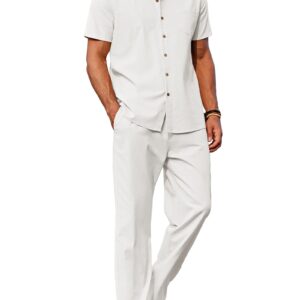 COOFANDY Mens Coordinated Outfit Linen Beach Casual Cuban Button Up Shirts Drawstring Pants, A-white, X-Large