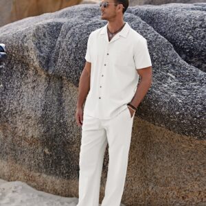 COOFANDY Mens Coordinated Outfit Linen Beach Casual Cuban Button Up Shirts Drawstring Pants, A-white, X-Large