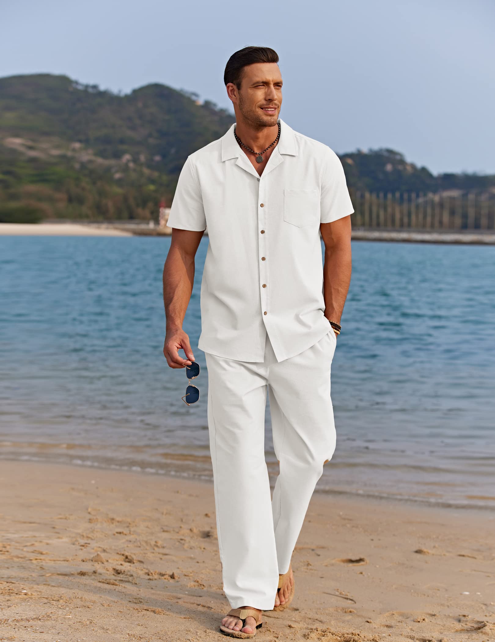 COOFANDY Mens Coordinated Outfit Linen Beach Casual Cuban Button Up Shirts Drawstring Pants, A-white, X-Large