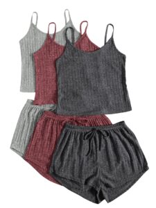 gorglitter women's 3 sets ribbed pajamas set sleeveless crop top and tie front shorts lounge set sleepwear loungewear grey red dark grey small