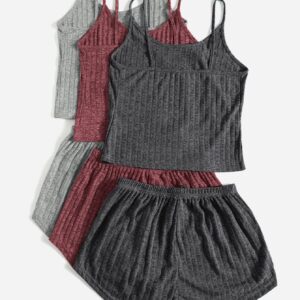 GORGLITTER Women's 3 Sets Ribbed Pajamas Set Sleeveless Crop Top and Tie Front Shorts Lounge Set Sleepwear Loungewear Grey Red Dark Grey Small