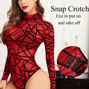 Avidlove Bodysuits for Going Out Women Halloween Tops Lace Mesh Geo Print Shirt Party Night Outfits Red