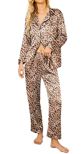 Ekouaer Silk Satin Pajamas Women's Long Sleeve Sleepwear Soft Button Down Pj Set 2 Piece Loungewear Brown Leopard,XL