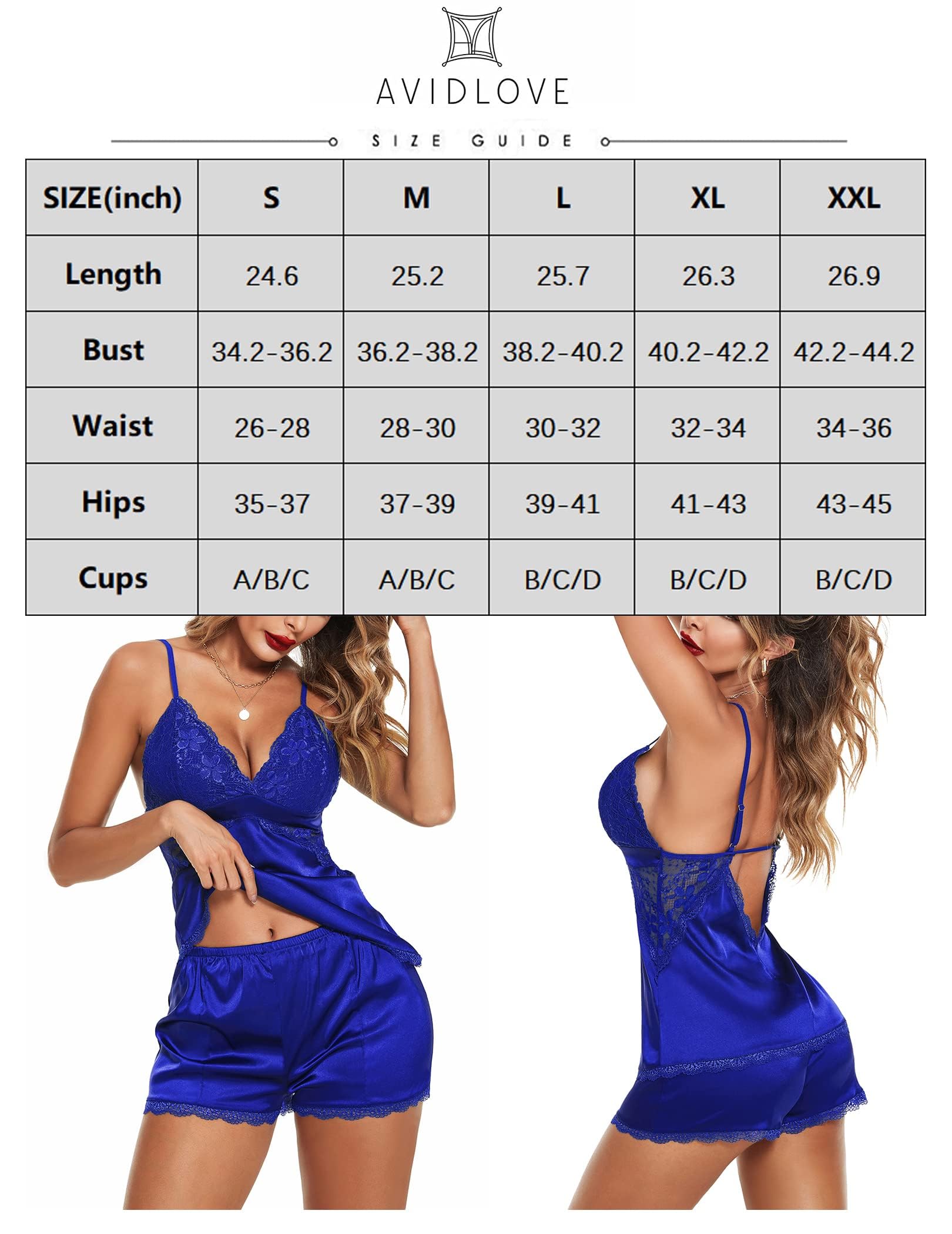 Avidlove Women Sleepwear Satin Pajamas Set Lace Camisole Shorts Nightwear (X-Large, Royal Blue)