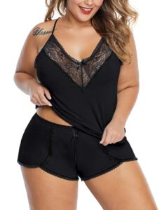 xakalaka women plus size pajamas cami shorts set nightwear sexy lace lingerie sleepwear black xxxl