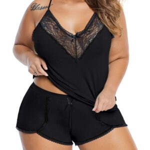 XAKALAKA Women Plus Size Pajamas Cami Shorts Set Nightwear Sexy Lace Lingerie Sleepwear Black XXXL