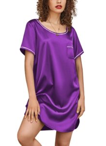 ekouaer women satin night dress silk cozy pajama shirt scoop neck nightshirt short sleeve nightwear for shower purple medium