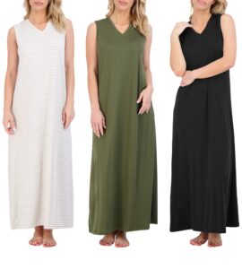 real essentials 3 pack: womens sleeveless tank v-neck adult nightgown long soft nightshirt women night gowns nightdress sleep lounge dress sleepwear pajama pjs sleeping ladies pj chemise - set 4, l