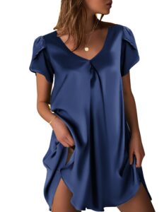 ekouaer women's satin nightgown short sleeve sleepdress v-neck sleepwear loose silk sleepshirt(navy blue,xl)