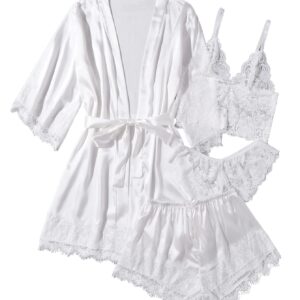 WDIRARA Women' Silk Satin Pajamas Set 4pcs Lingerie Floral Lace Cami Sleepwear with Robe Snow White XS