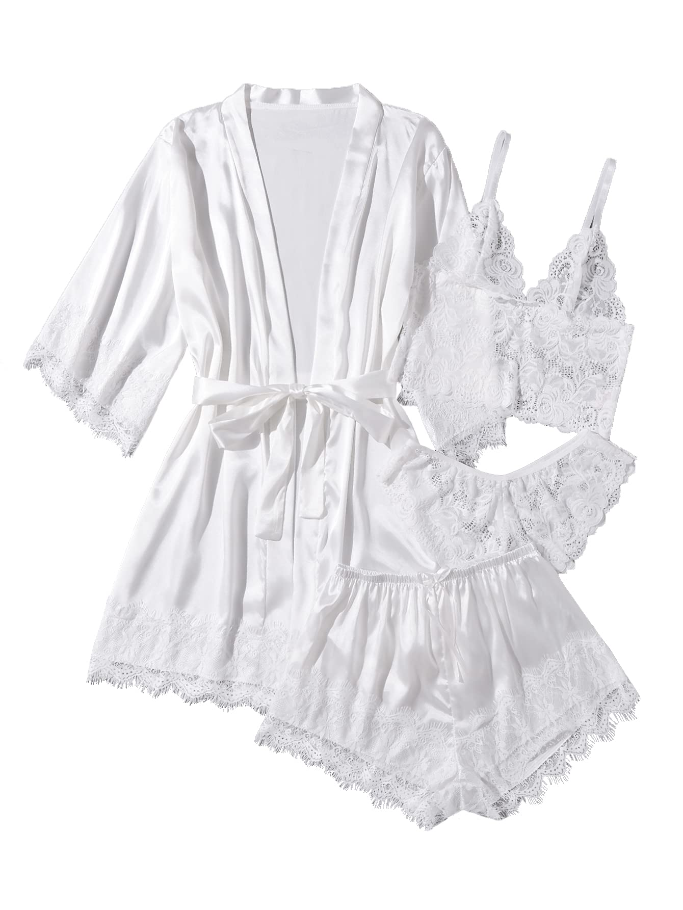 WDIRARA Women' Silk Satin Pajamas Set 4pcs Lingerie Floral Lace Cami Sleepwear with Robe Snow White XS