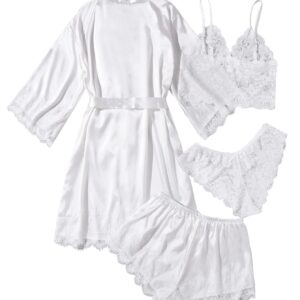 WDIRARA Women' Silk Satin Pajamas Set 4pcs Lingerie Floral Lace Cami Sleepwear with Robe Snow White XS