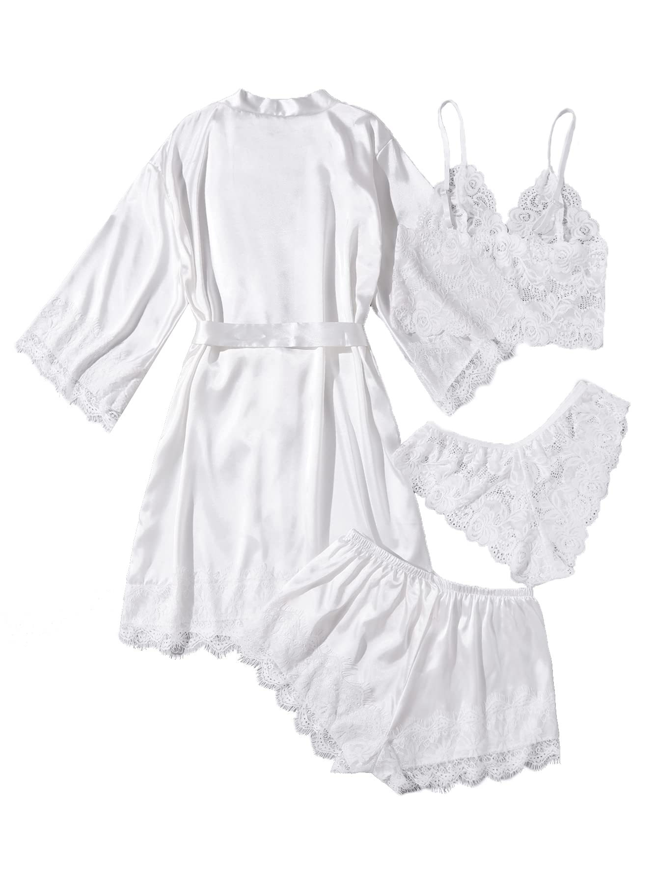 WDIRARA Women' Silk Satin Pajamas Set 4pcs Lingerie Floral Lace Cami Sleepwear with Robe Snow White XS