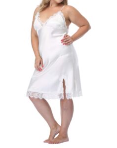 women's plus size full slips lace chemise lingeries sexy front slit negligees silky nightgown sleepwear white