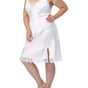 Women's Plus Size Full Slips Lace Chemise Lingeries Sexy Front Slit Negligees Silky Nightgown Sleepwear White