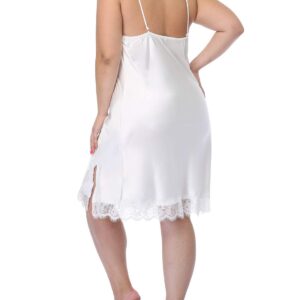 Women's Plus Size Full Slips Lace Chemise Lingeries Sexy Front Slit Negligees Silky Nightgown Sleepwear White