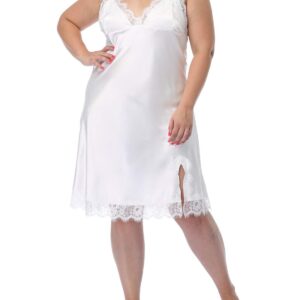 Women's Plus Size Full Slips Lace Chemise Lingeries Sexy Front Slit Negligees Silky Nightgown Sleepwear White