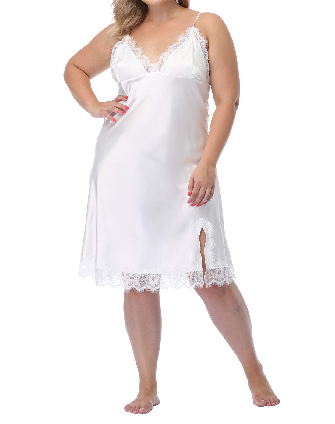 Women's Plus Size Full Slips Lace Chemise Lingeries Sexy Front Slit Negligees Silky Nightgown Sleepwear White