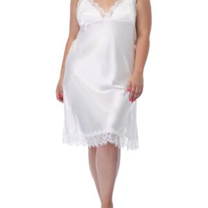 Women's Plus Size Full Slips Lace Chemise Lingeries Sexy Front Slit Negligees Silky Nightgown Sleepwear White