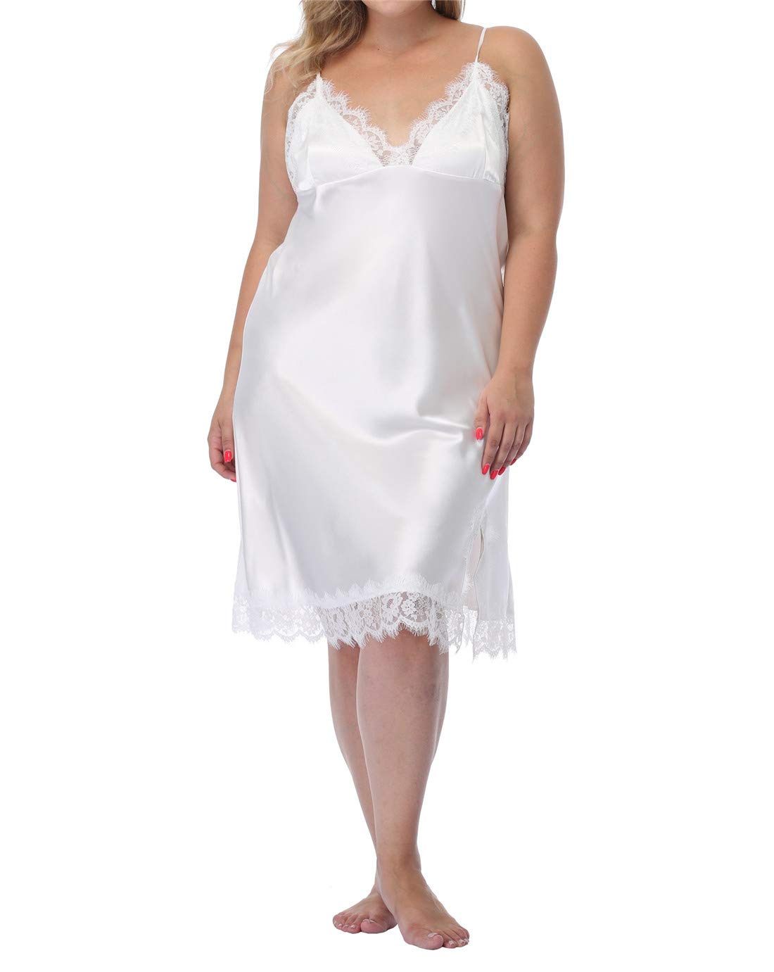 Women's Plus Size Full Slips Lace Chemise Lingeries Sexy Front Slit Negligees Silky Nightgown Sleepwear White