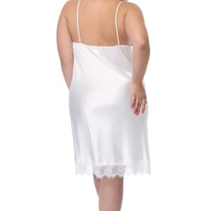 Women's Plus Size Full Slips Lace Chemise Lingeries Sexy Front Slit Negligees Silky Nightgown Sleepwear White