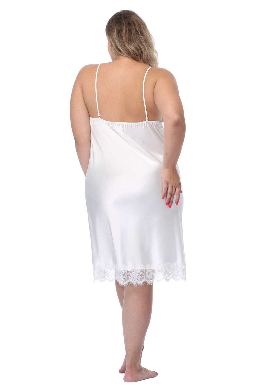 Women's Plus Size Full Slips Lace Chemise Lingeries Sexy Front Slit Negligees Silky Nightgown Sleepwear White