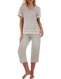 ekouaer capri pajama sets for women capri pants with short tops sleepwear ladies sleep sets short sleeve pjs sets soft two piece loungewear sets light grey