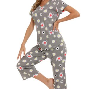 ENJOYNIGHT Women's Pajama Short Sleeve Sets Top with Capri Pants Sleepwear Sets Loungewear