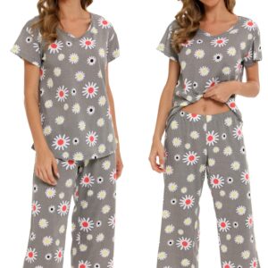 ENJOYNIGHT Women's Pajama Short Sleeve Sets Top with Capri Pants Sleepwear Sets Loungewear