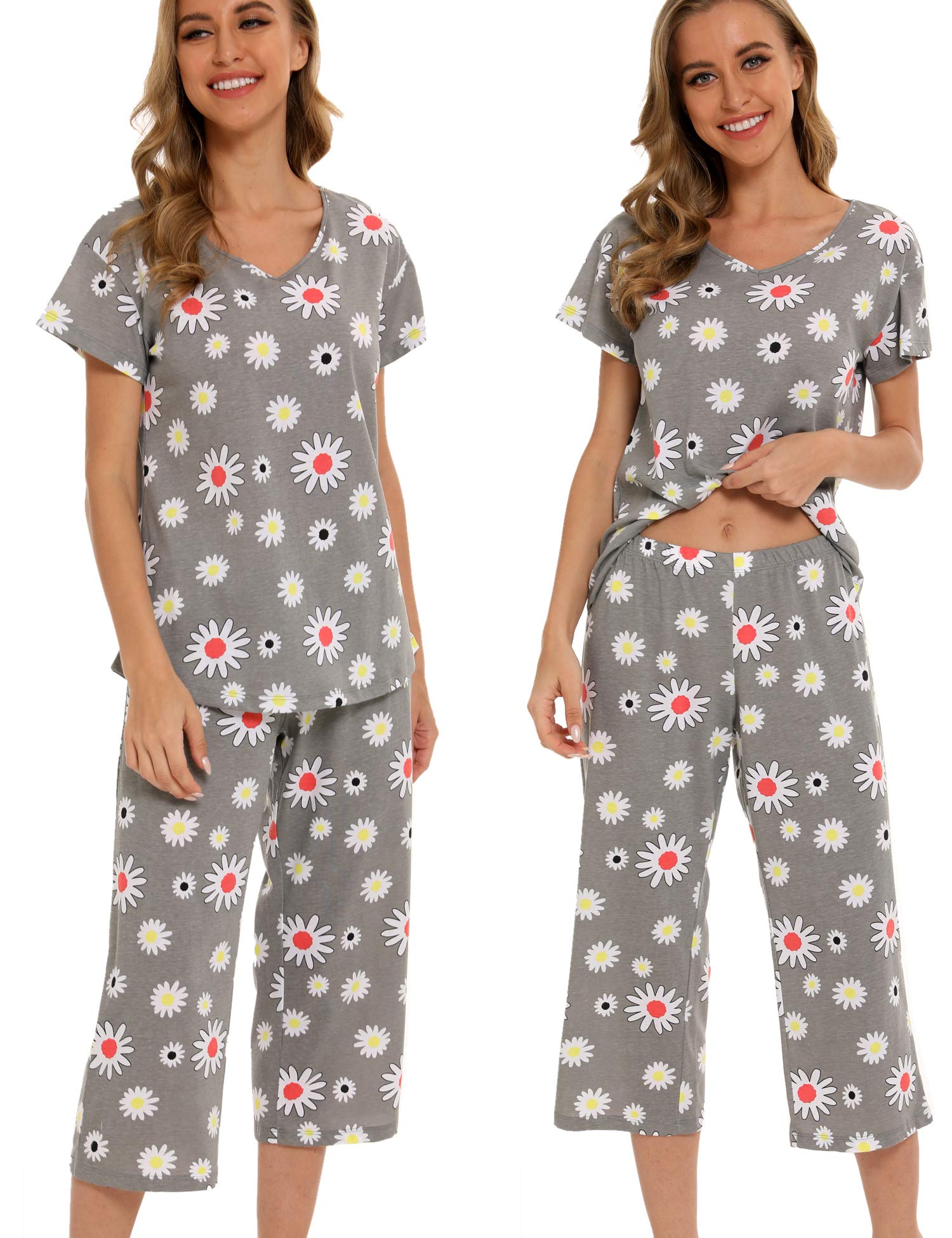 ENJOYNIGHT Women's Pajama Short Sleeve Sets Top with Capri Pants Sleepwear Sets Loungewear