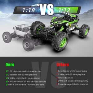 CROBOLL 1:12 Large RC Cars for Boys with Upgraded Lifting Function, 2.4GHz 4WD Remote Control Car toy Gifts 20km/h Monster truck for Kids, All Terrain RC Truck for 60Min Play(Green)