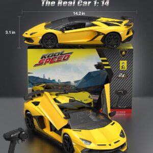 AEROQUEST Lamborghini Remote Control Car, 1:14 Scale Lamborghini SVJ Toy Car Officially Licensed 15 KM/H RC Cars with LED Light, 2.4Ghz Model Car for Boys,Girls,Teens and Adults Birthday Gift, Yellow