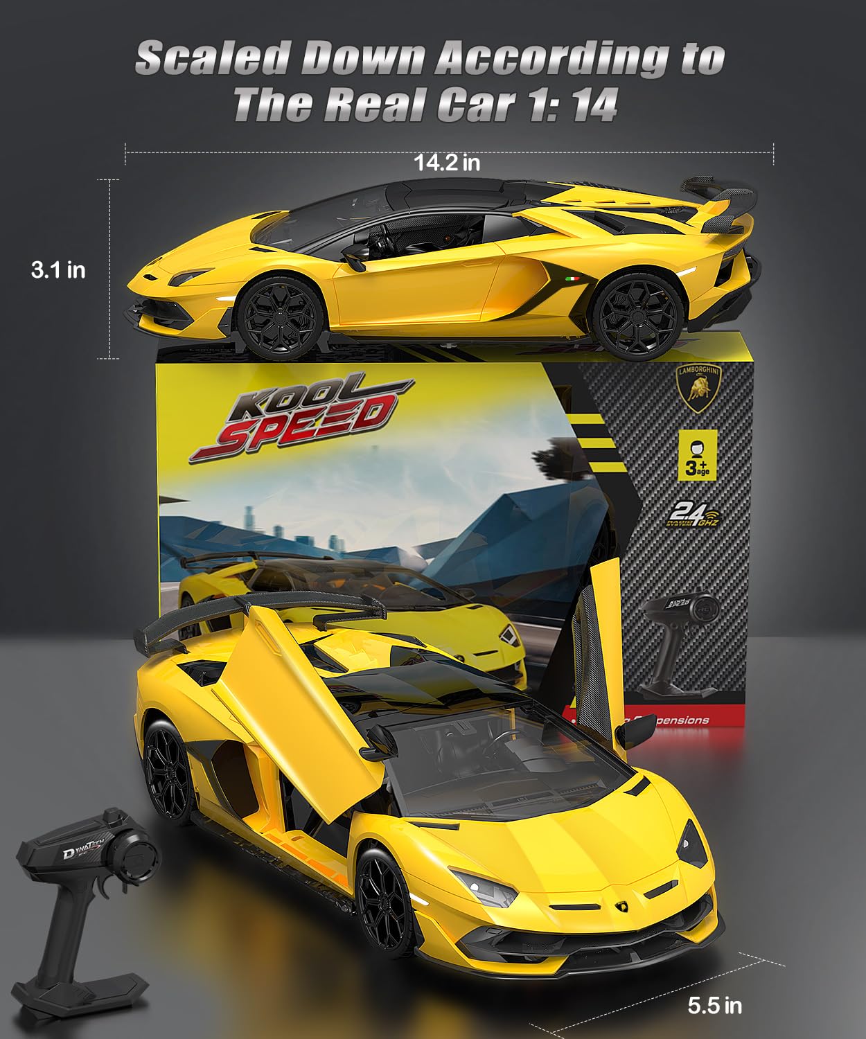 AEROQUEST Lamborghini Remote Control Car, 1:14 Scale Lamborghini SVJ Toy Car Officially Licensed 15 KM/H RC Cars with LED Light, 2.4Ghz Model Car for Boys,Girls,Teens and Adults Birthday Gift, Yellow