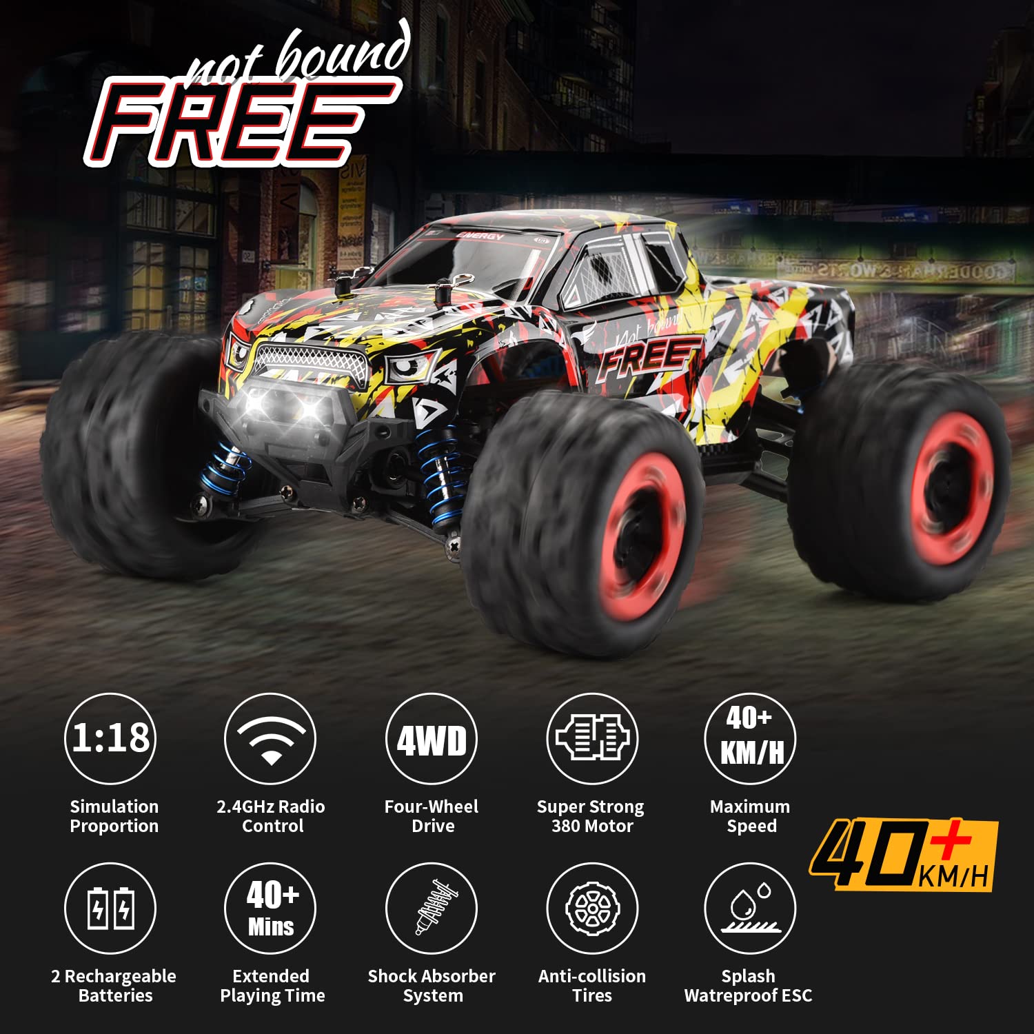 WIAORCHI 1:18 Scale 40+km/h High Speed Remote Control Car, 4x4 Waterproof Off Road RC Cars, Fast 2.4GHz All Terrain Toy Trucks Gifts for Boys and Adults, 2 Batteries for 40mins Fun