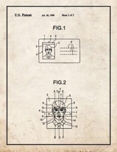 biometric security process for authenticating identity and credit cards, visas, passports and facial recognition patent print old look with border (8" x 10") m15691