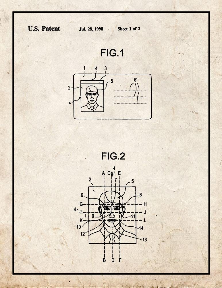 Biometric Security Process for Authenticating Identity and Credit Cards, Visas, Passports and Facial Recognition Patent Print Old Look with Border (8" x 10") M15691