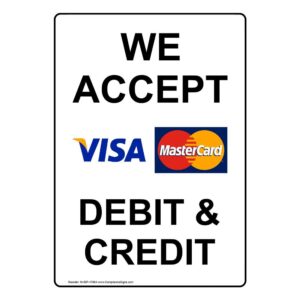 compliancesigns.com vertical we accept [ visa, mastercard ] debit & credit label decal, 5x3.5 in. 4-pack vinyl for dining/hospitality/retail