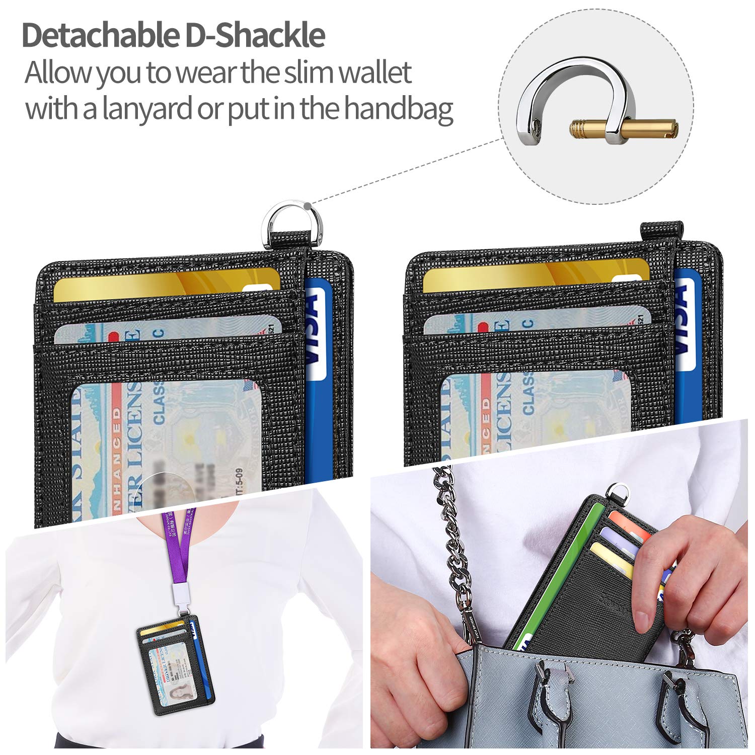 Slim Minimalist Front Pocket Wallet, Ecovision RFID Blocking Credit Card Holder Wallet with Detachable D-Shackle for Men Women