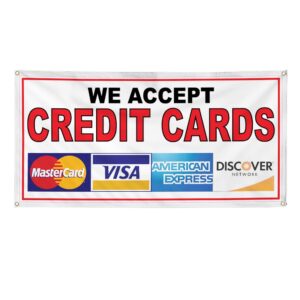 vinyl banner sign we accept credit cards restaurant cafe bar marketing advertising red - 12inx30in, 4 grommets, one banner