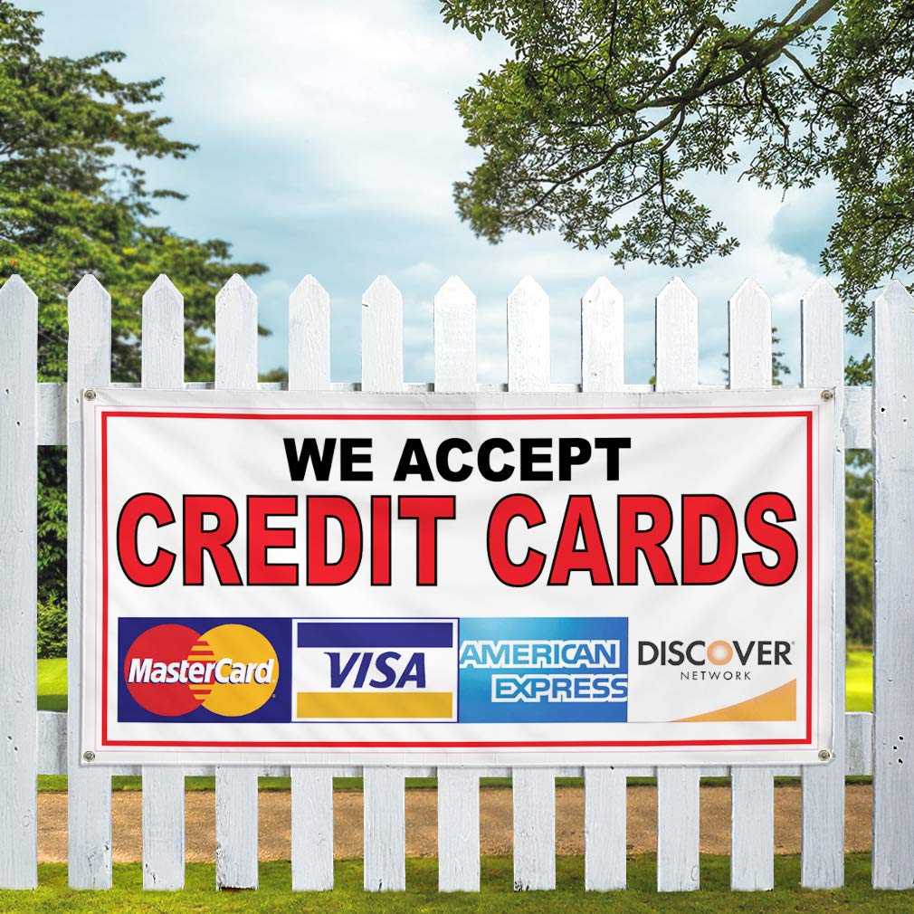 Vinyl Banner Sign We Accept Credit Cards Restaurant Cafe Bar Marketing Advertising Red - 12inx30in, 4 Grommets, One Banner